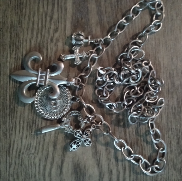 Jewelry | Crowns Crosses Fleur D Lis Silvertone Link Chain Necklace | Poshmark